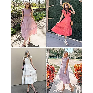 ZESICA Women's 2023 Casual Crew Neck Flutter Sleeve Smocked High Waist Hollow Out Lace Trim Tiered A Line Midi Dress,Black,Small