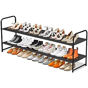 SLEEPING LAMB Long 2-Tier Shoe organizer for Closet, Stackable Wide Shoe Rack Holds 18-Pairs Low Shoe Shelf Storage for Bedroom, Floor, Entryway(Black)