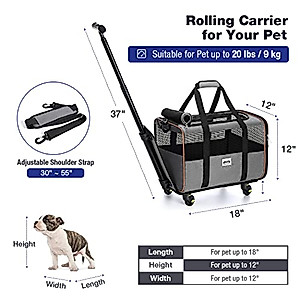 Lekesky Cat Dog Carrier with Wheels Airline Approved Rolling Pet Carrier with Telescopic Handle and Shoulder Strap, Grey