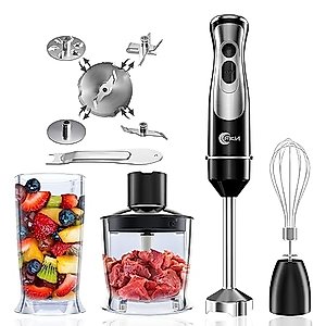 FKN Immersion Blender Handheld with 4 Interchangeable Blades,8 in 1 Hand Blender Electric with 500W Motor,8 Speed and Turbo Mode Handheld Blender Stick with 500ml Chopper,Mixing Beaker, and Whisk