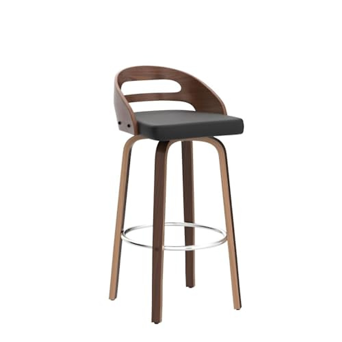 Bar Stools Set of 2, Swivel Bar Height Stools with Walnut Bentwood, Low Back, Upholstered Faux Leather, Soft Cushion Seat, Mid Century Bar Stools for Kitchen/Island/Counter (Black, 25" Seat Height)