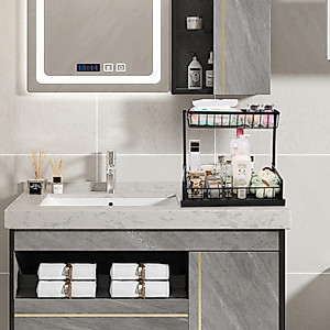 Aoche Under Sink Organizer, 2-Tier Metal Under Cabinet Organizer Pull Out Bathroom Organizer L Shape Undersink Organizers and storage for Kitchen Bathroom Storage Home Organization