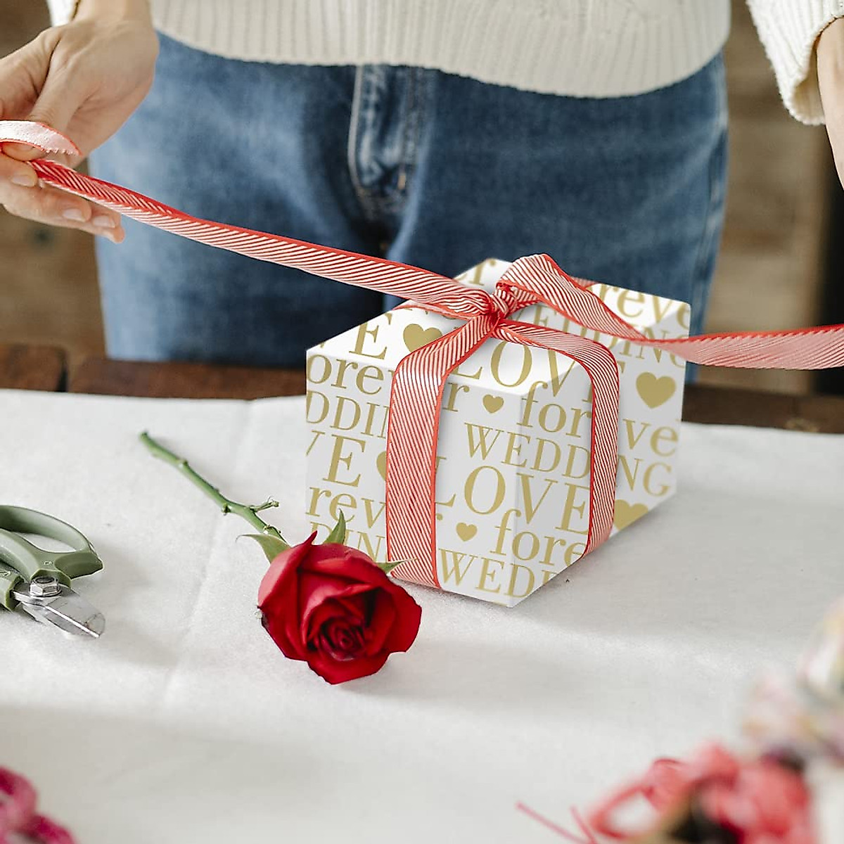 Love Forever Wedding Letter With Hearts White & Gold Foil Design Wrapping Paper Folded Flat 4 Sheets 20x28 inches Per Sheet For Weddings, Bridal Showers, Engagements