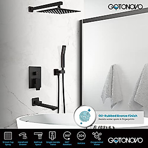gotonovo Oil Rubbed Bronze Shower System Wall Mount Triple Function Bathroom Shower Faucet Set High Pressure Square 10" Rain Showerhead Tub Shower Faucet with Hand Shower Rough-In Valve