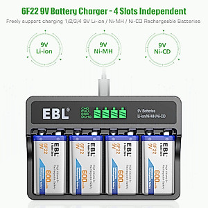 EBL 9V Li-ion Rechargeable Batteries 600mAh 4-Pack with LCD 9V Smart Battery Charger for 9 Volt Lithium-ion/Ni-MH/Ni-CD Rechargeable Batteries