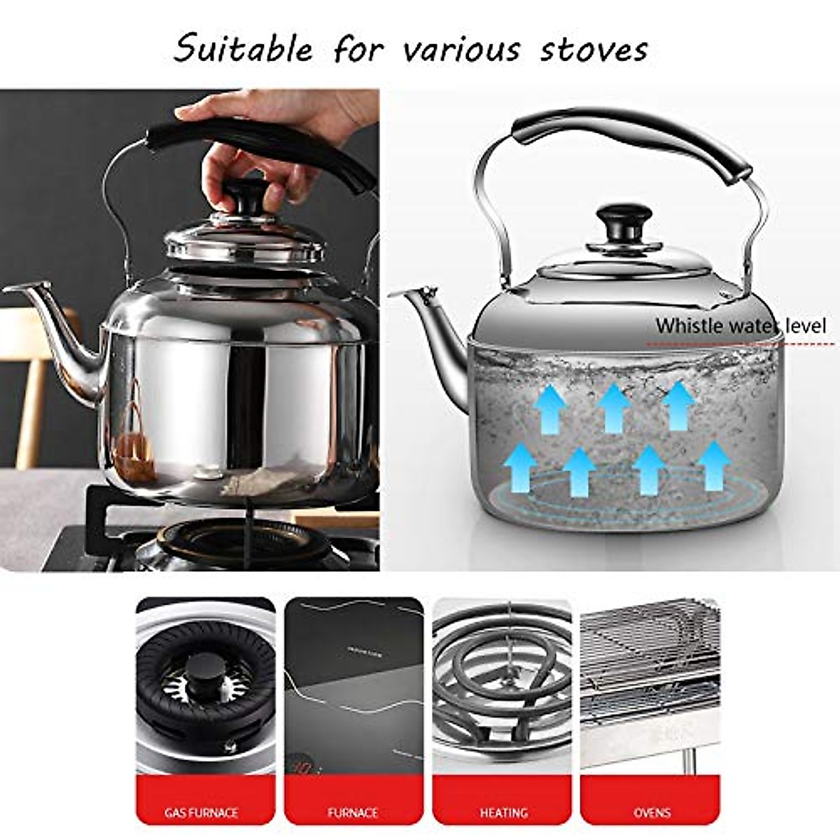 Tea Kettle Stovetop Stainless Steel 304, Tea Kettle with Heat-Resistant Handle, for Gas Induction Electric Stovetops (Color : 304 Stainless Steel, Size : 5L)
