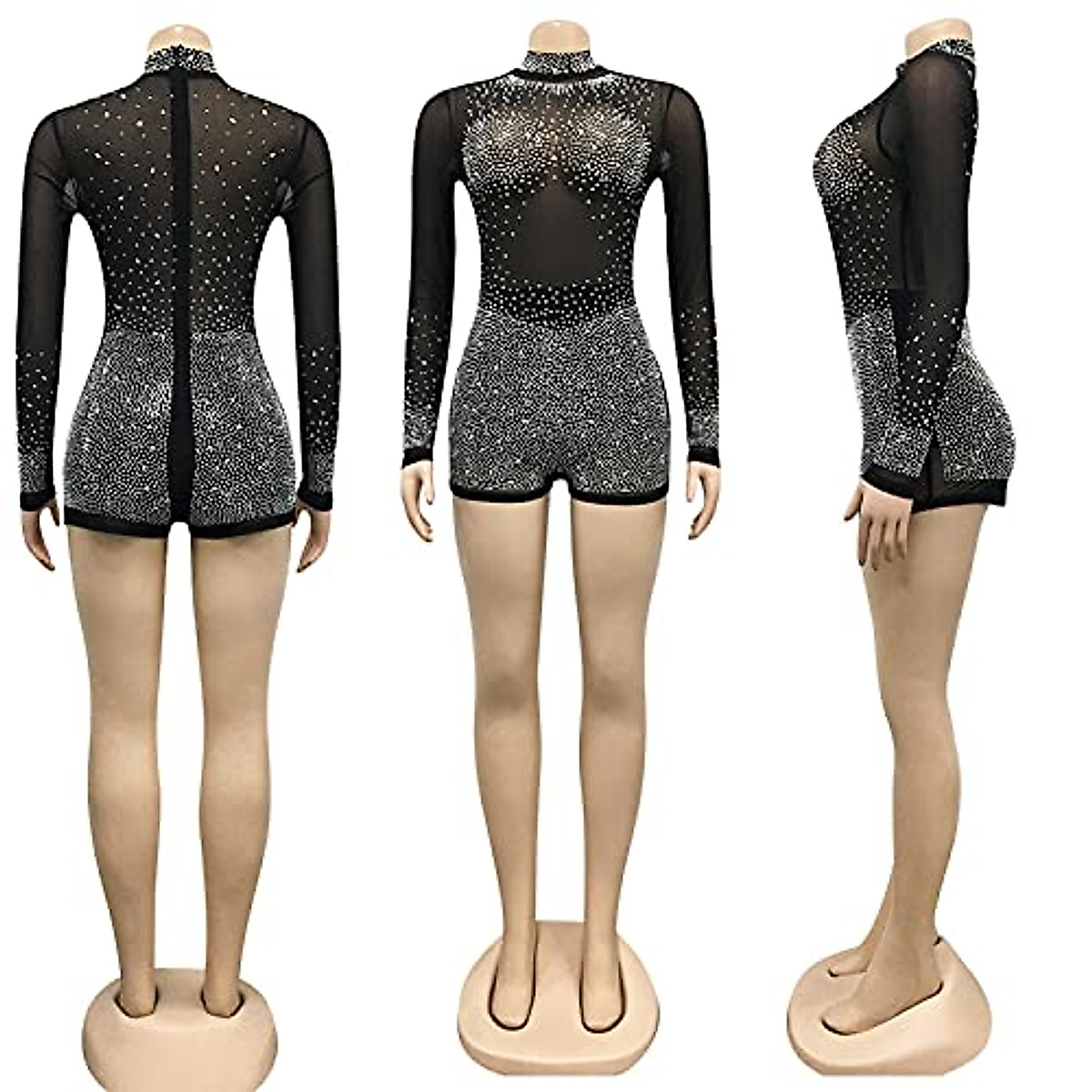 Uni Clau Women Sexy Sequin Diamond See Through Bodycon Jumpsuit Long Sleeve Mesh Sheer Skinny Short Pants Romper Jumpsuit Black L