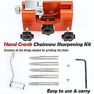 Augot Chainsaw Sharpener, Hand Crank Chainsaw Sharpening Kit with 5 Grinding Heads, Portable Chainsaw Chain Sharpener Jig Fit All Kinds of Chain Saws and Electric Saws, for Lumberjack or Garden Worker