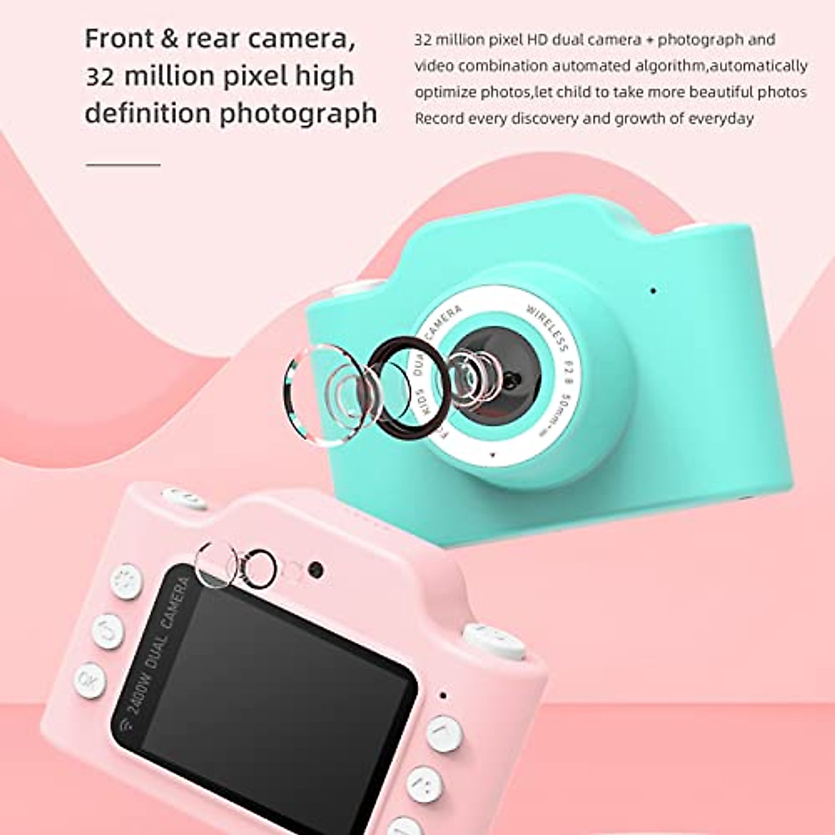 Camnoon C2 Kids Camera Digital Video Cameras for Toddler Christmas Birthday Gifts for Girls with 32MP Dual Lens 32GB TF Card Support WiFi Transmissin