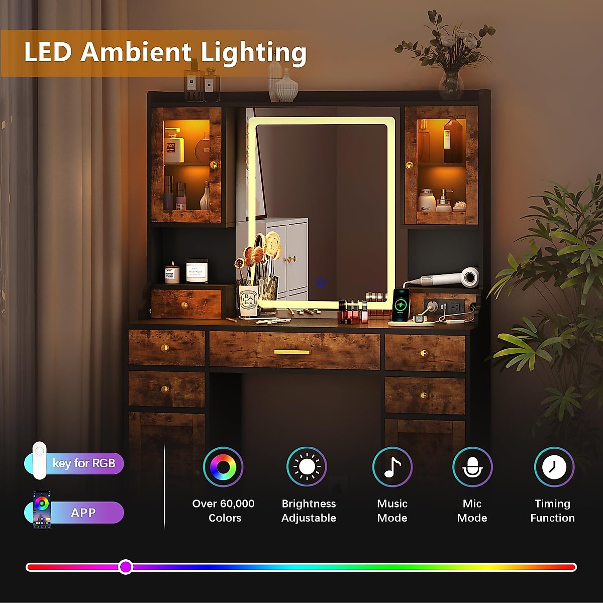 Dnxao Large Make up Vanity Desk with Mirror and Lights,3 Lights Mode and Brightness Adjusted by Touch Button, Built-in Power Strip and 6 Drawers,4 cabinets,2 cabinets with RGB Lights, Rustic Brown