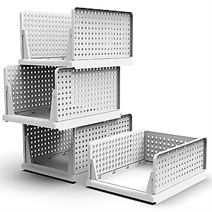 4-Pack Plastic Stackable Storage Basket Closet Storage Drawers Stackable Closet Storage Bins Foldable Wardrobe Storage Boxes Plastic Stackable Drawer Storage for Wardrobe/Desk
