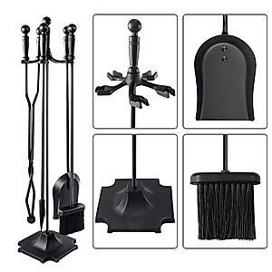 WBHome Fireplace Tools Set 5 Pieces Wrought Iron Fireset Fire Pit Poker Wood Stove Log Tongs Holder Fireplace Tool Set With Pedestal Place, 32 Inch (Black All)