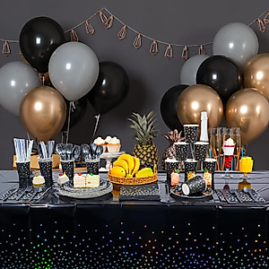 Black and Iridescent Silver Dot Party Decorations Serve 25, Black Holographic Paper Plates and Napkins, Disposable Party Plates Cups Napkins for Fathers Day Retirement Birthday Graduation Prom Party