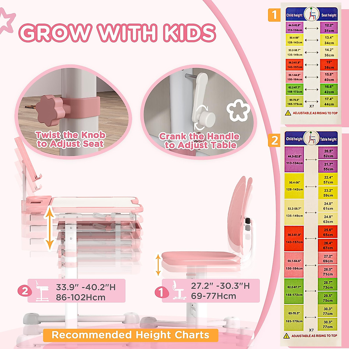 Qaba Kids Desk and Chair Set, Height Adjustable Kids School Study Desk and Chair Set with Tilt Desktop, Storage Drawer & Book Stand for Writing, Reading and Drawing, Pink