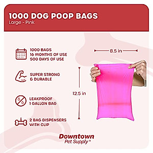 Downtown Pet Supply Dog Poop Bags (1000 CT - Pink Bags & 2 Dispensers) Waste Bag Dispenser Clips to Dog Leashes Bags & Dog Harnesses- Poop Scoop Bags are Leak-Proof Bags & Unscented