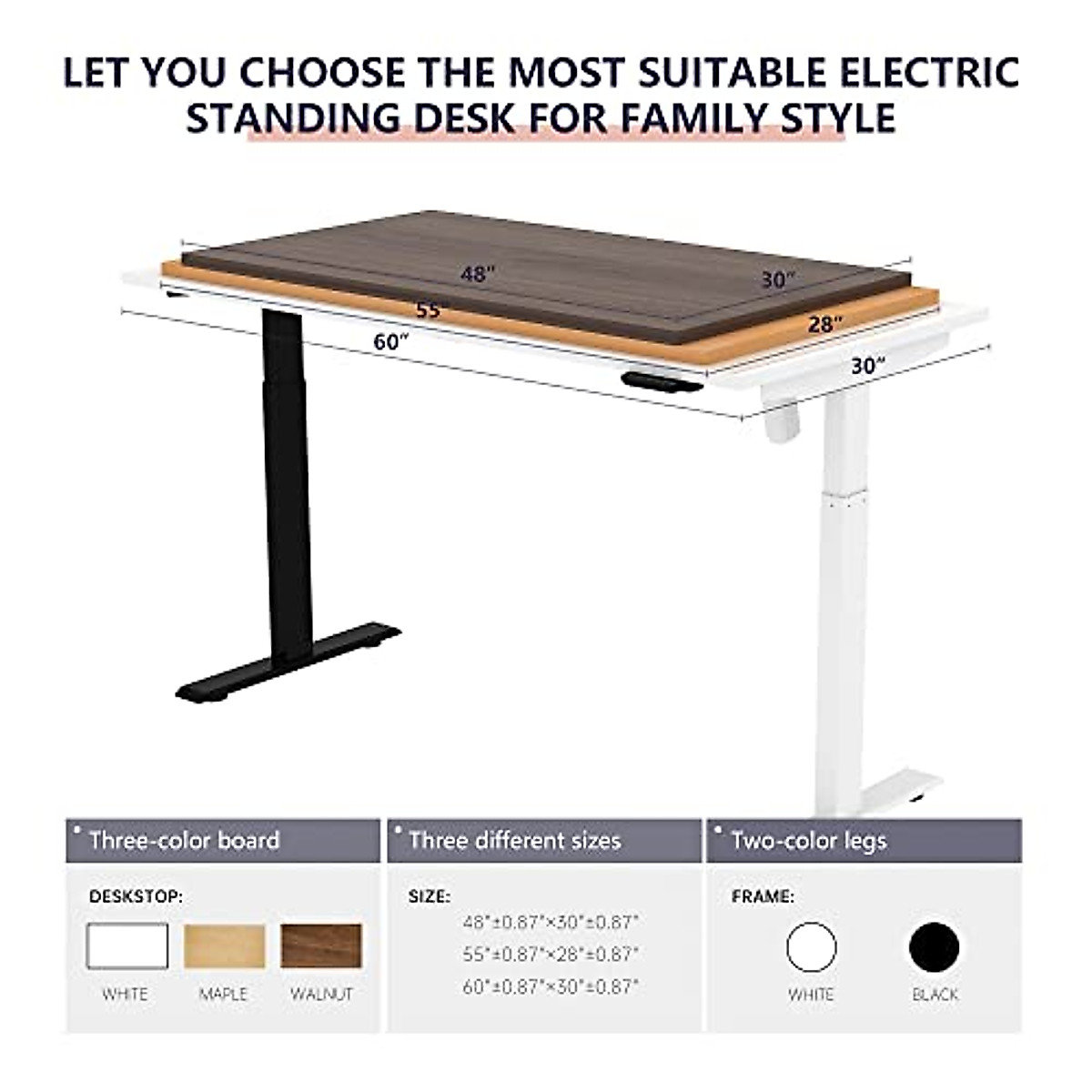 ALFABC Standing Desk 55 x 28 Inch Electric Sit Stand Desk Height Adjustable Stand Up Desk for Home Office, Computer Workstation Office Desk with Whole Board (Black Frame + Walnut Tabletop)
