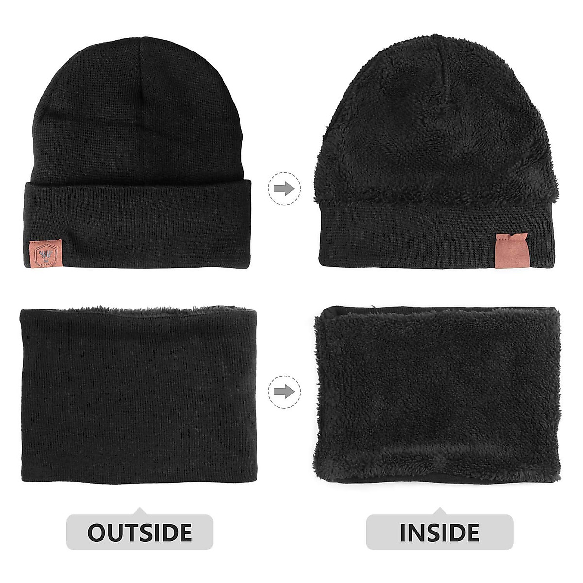 OZERO Winter Beanie Hat Scarf Set: Thick Fleece Lined Winter Cap Neck Warmer for Men Women Black