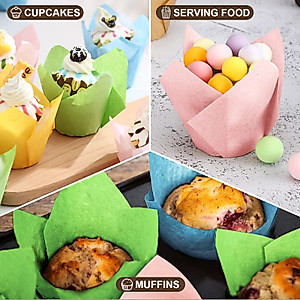 400 Pcs Tulip Cupcake Liners Baking Cups Tulip Muffin Liners Wrappers Greaseproof Tulip Baking Cups Holders for Christmas Wedding Birthday Baby Shower Party Supplies (Green Yellow Blue Pink)