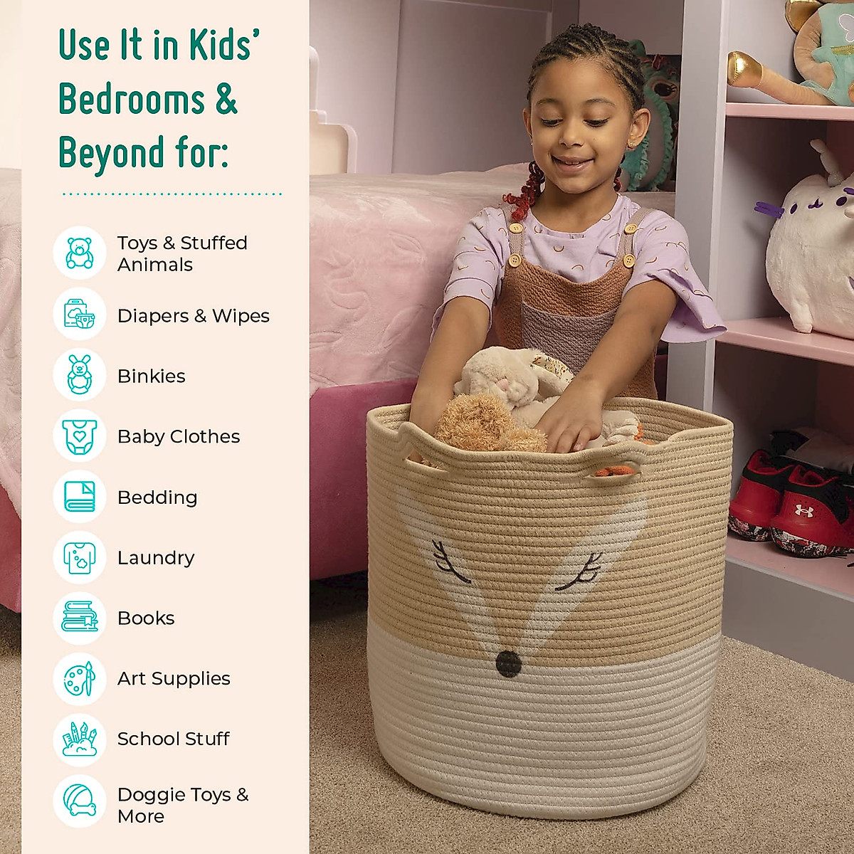 Large Cotton Rope Basket with Cute Animal Design - Unisex Bed & Bath Toy Bin Serves as Woven Laundry Basket & Nursery Hamper for Babies, Toddlers, Girls & Boys - Sturdy & Kid-Safe, 14" x 14 "