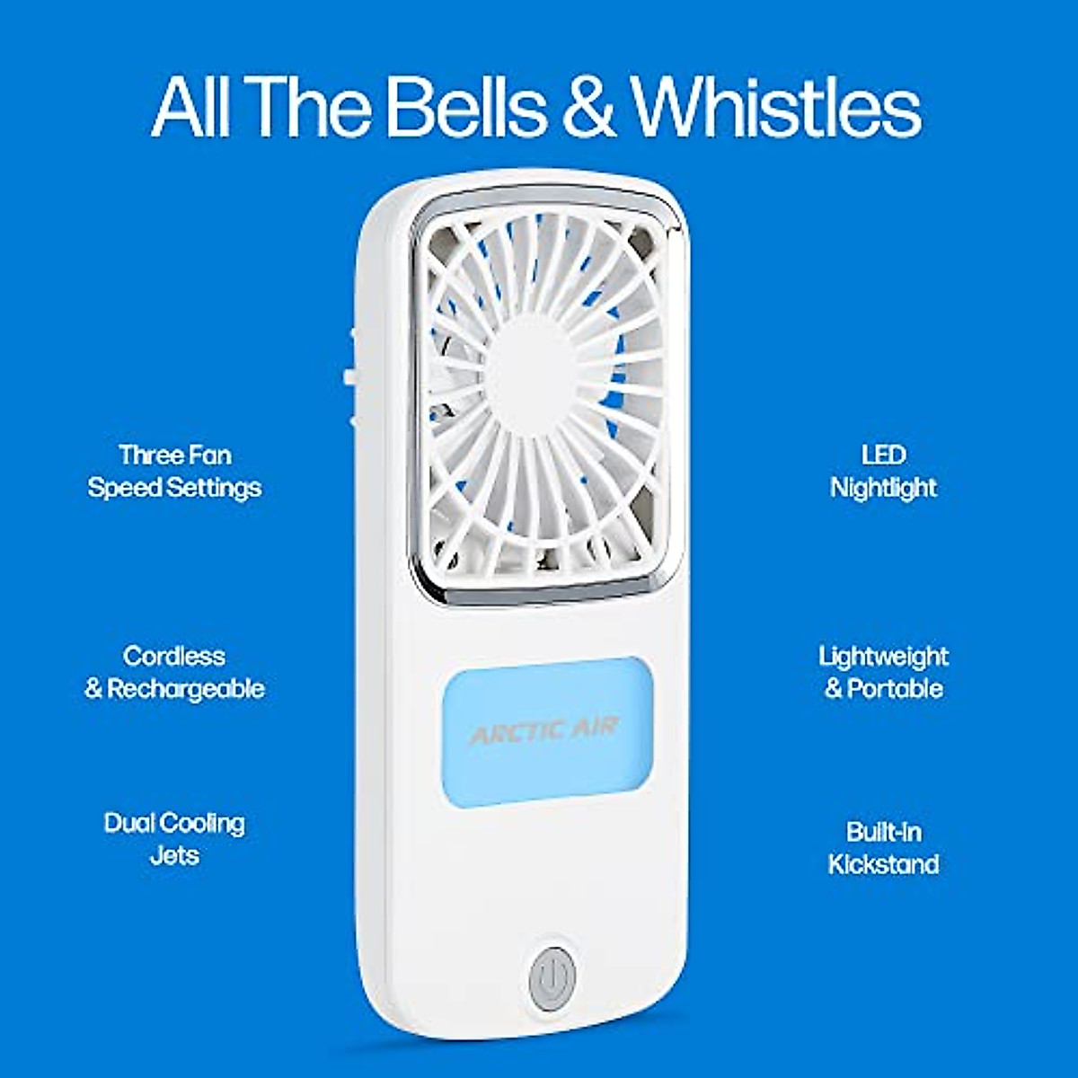 Arctic Air Portable Fan, Pocket Chill Handheld Mini Fan, Rechargeable Personal Air Cooler with Hydro-Chill Technology, 3 Speeds & Built-in-Kickstand, Cordless for Travel, Indoor or Outdoor Use