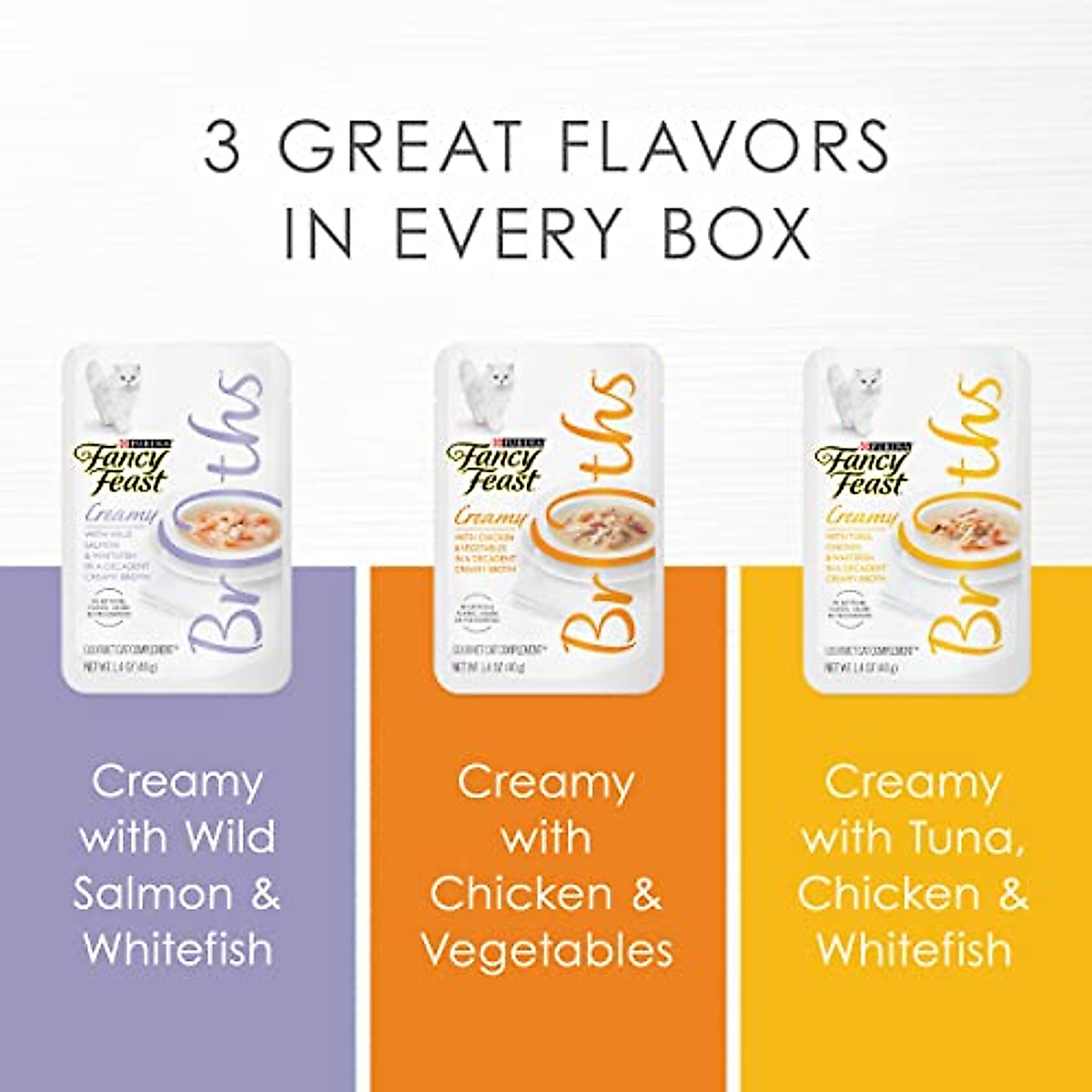Fancy Feast Purina Grain Free Wet Cat Food Variety Pack, Broths Creamy Collection - (3 Packs of 12) 1.4 oz. Pouches