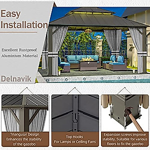 Delnavik 12X14FT Hardtop Gazebo Double Roof, Pergolas Aluminum Frame, Outdoor Metal Gazebos with Netting and Curtains for Patio, Backyard, Deck and Lawns, Grey