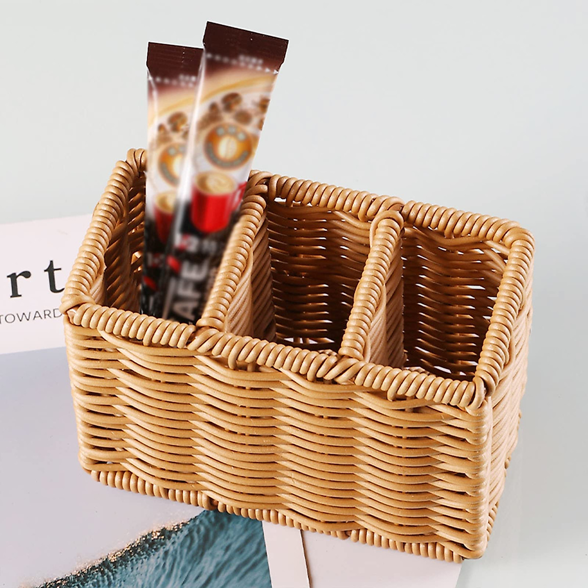 Kitchen Utensil Holder for Countertop Wicker Utensil Caddy Cutlery Holder Silverware Caddy Natural Woven Flatware Caddy with 3 Compartment for Hold Forks,Knives,Spoons,Napkins,Indoor or Outdoor,Brown