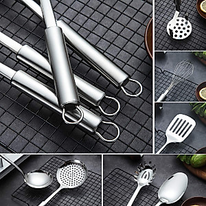 Berglander Cooking Utensil Set 13 Piece Stainless Steel Kitchen Tool Set with Holder, Include Cooking Spoon, Spatula, Whisk, Cooking Tong and etc. (13 Pieces)