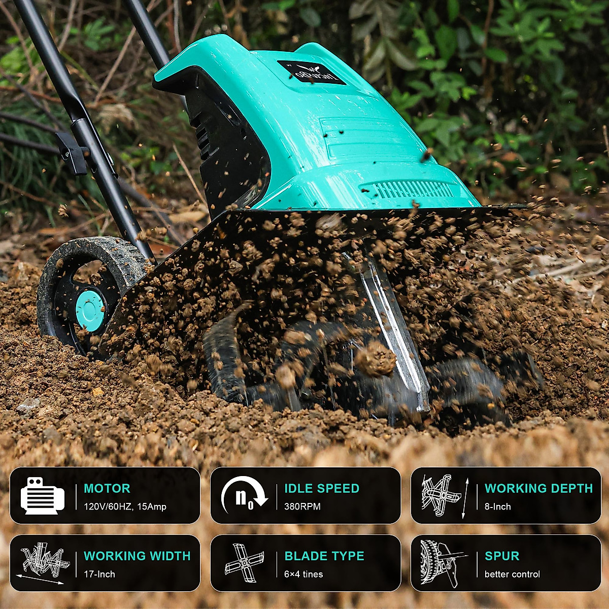 IncwBo Tiller Cultivator 17 inch 15 Amp 6 Steel Tines Tillers for Gardening Electric Rototiller for Garden Yard