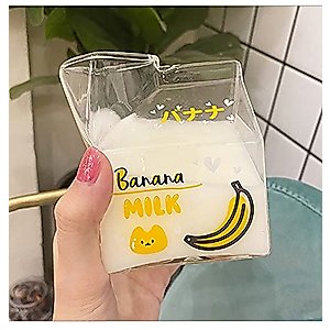 380ml Kawaii Milk Glass Cup Creative Square Clear Milk Carton Water Bottle Wholesale Cute Fruit Heat Resistant Breakfast Cups (Banana, 300-400ml)