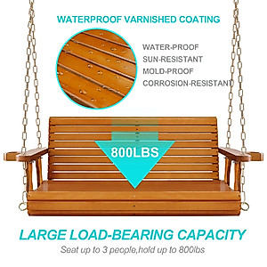 4FT Wooden Porch Swing w/Cupholders,Heavy Duty 800LBS Outdoor Swing Bench w/Chains,Patio Roll Back Swing Chair Bench,Front Porch 2-Person Hanging Bench,for Garden Courtyard Lawn & Balcony Backyard