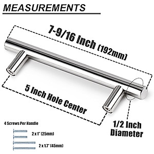 Probrico 5 Pack | 5 Inch Polished Chrome Cabinet Pulls Stainless Steel Kitchen Cabinet Handles, Round T Bar Cupboard Furniture Hardware, Drawer Dresser Pulls Handles
