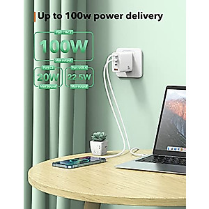 100W USB C Charger, THREEKEY 4-Port GaN Foldable Fast Charger Block with 100W 3.3FT C to C Cable, Compatible with MacBook Pro/Air,iPhone 14/13/12,iPad Pro/Mini/Air,Galaxy S22/21,Laptop and More.