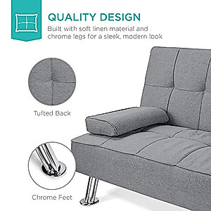 Best Choice Products Linen Upholstered Modern Convertible Folding Futon Sofa Bed for Compact Living Space, Apartment, Dorm, Bonus Room w/Removable Armrests, Metal Legs, 2 Cupholders - Gray