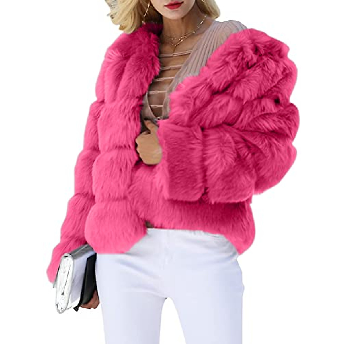 Simplee Women's Luxury Winter Warm Faux Fur Short Coat Fluffy Furry Jacket Parka Outwear for Wedding Party(XL Rose Red)