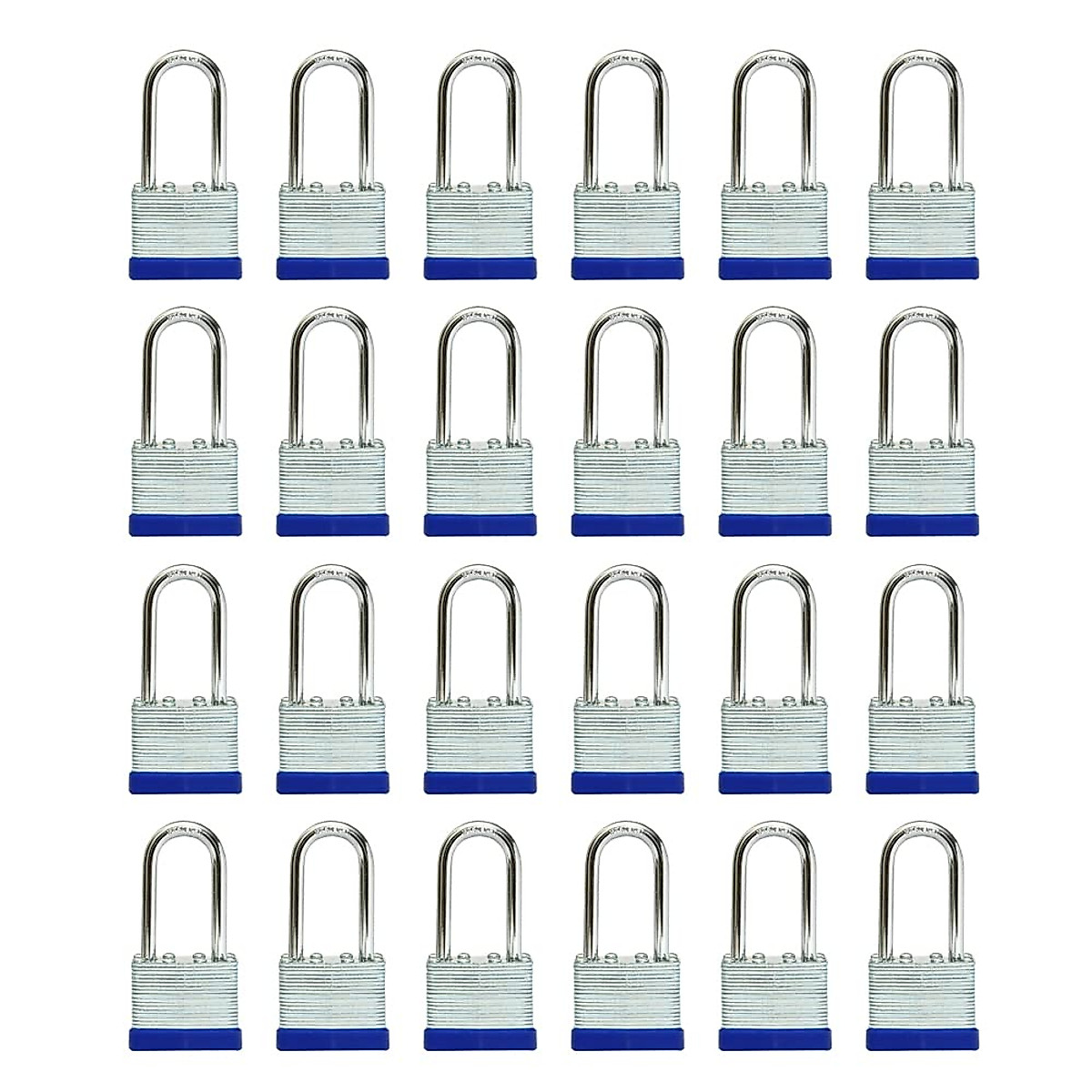 LanuBe Laminated keyed Padlock (1-9/16", 40mm), keyed Alike Locks, Long Shackle,Marked Blue Plastic Hoop, Pack of 24