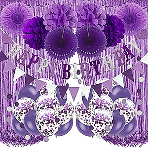 Recosis Birthday Party Decorations, Purple Party Decorations for Boy Girls Men Women Happy Birthday Banner, Curtains Paper Pompoms and Fans Garland Confetti Balloons for Birthday Party Decorations
