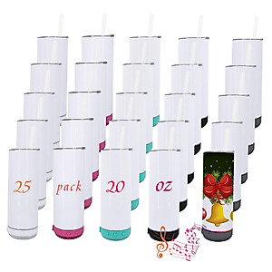 Lilsofee 25 Pack 20 OZ Sublimation Blank Tumblers Bulk Stainless Steels Double Vacuum Music Bluetooth Speaker Tumbler with Lid and Straw Heat Transfer Straight Cup Bulk DIY