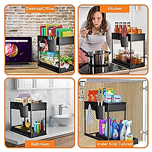 Under Sink Organizers and Storage,2 Tier Multipurpose Under the Sink Organizer, Sliding Kitchen Storage Pull Out Double Shelf Drawer for Bathroom Counter Cabinets, Undersink Hair Tool