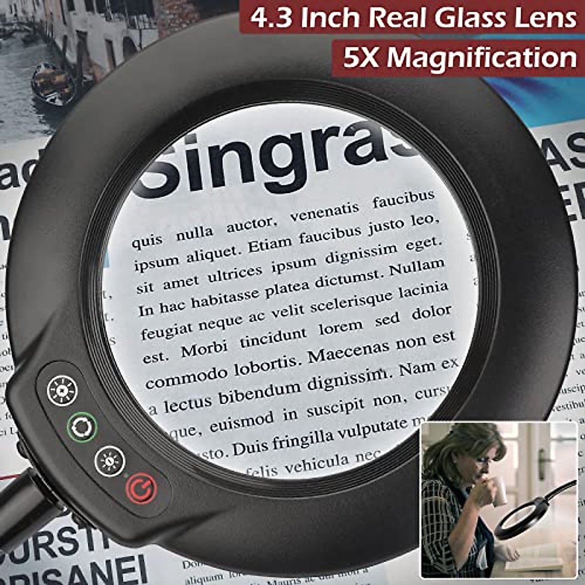 Veemagni 5X Stand Magnifying Glass with Light, 24" Flexible Gooseneck 5 Color Modes Stepless Dimmable Magnifying Floor Lamp, 3-in-1 Adjustable Lighted Magnifier Hands Free for Close Work, Esthetican