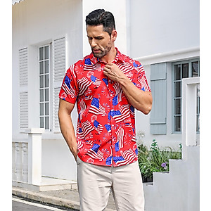 Fanient Button Down Shirt for Mens USA Flag Hawaiian Shirt Summer Beach Aloha Shirts Casual Novelty Slim Fit Patriotic Button Up Shirt M