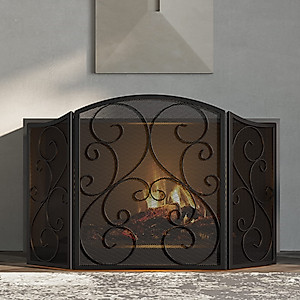 Fire Beauty Fireplace Screen 3 Panel Wrought Iron Metal 48"(L) x30(H) Spark Guard Cover(Black)