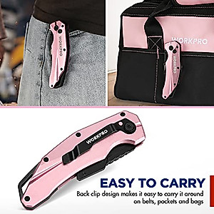 WORKPRO Folding Utility Knife, Quick Change SK5 Pink Box Cutter, Aluminum Handle Razor Knife for Boxes, Cartons, Cardboard, 10 Extra Blades Included - Pink Ribbon