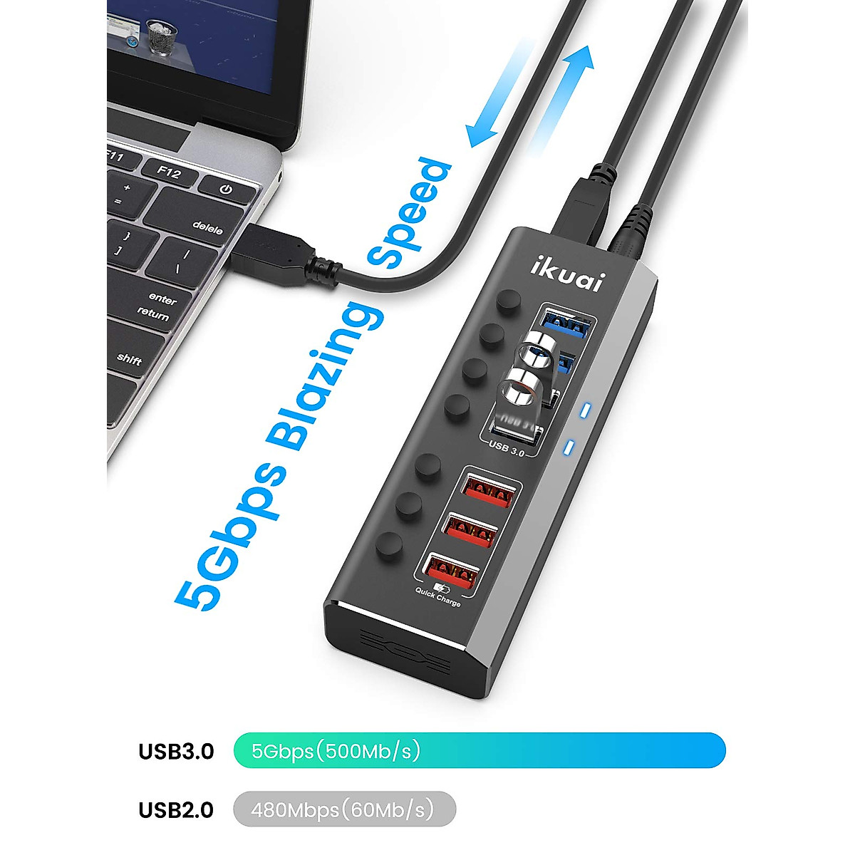 Powered USB 3.0 Hub, ikuai 7 Ports Aluminum USB Splitter Hub (3 Faster Data Transfer Ports+ 4 Smart Charging Ports) with Individual LED On/Off Switches, Multi USB Port for PC, Mac (RSW-A37)