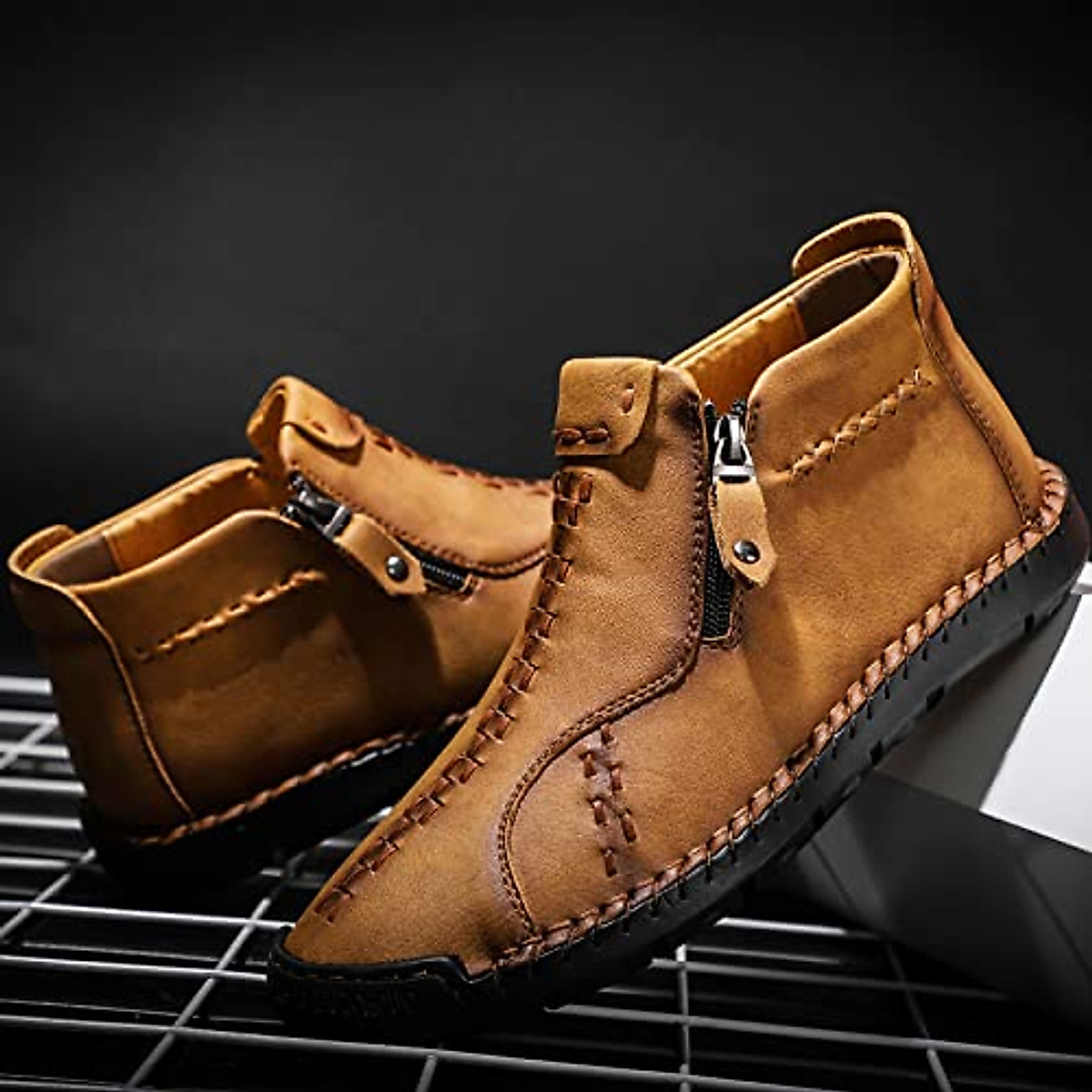 Govicta Mens Casual Shoes Leather Slip On Loafers Oxford Leather Chukka Boot for Men Work Office Dress Shoes Brown Size8.5