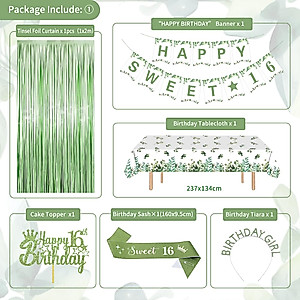 Sweet 16 Party Decorations, Sage Green 16th Birthday Decorations for Girls Sweet 16 Birthday Banner Green Gold Balloons Crown Sash Fringe Curtain Tablecloth Cake Topper for Girls 16th Birthday Decor