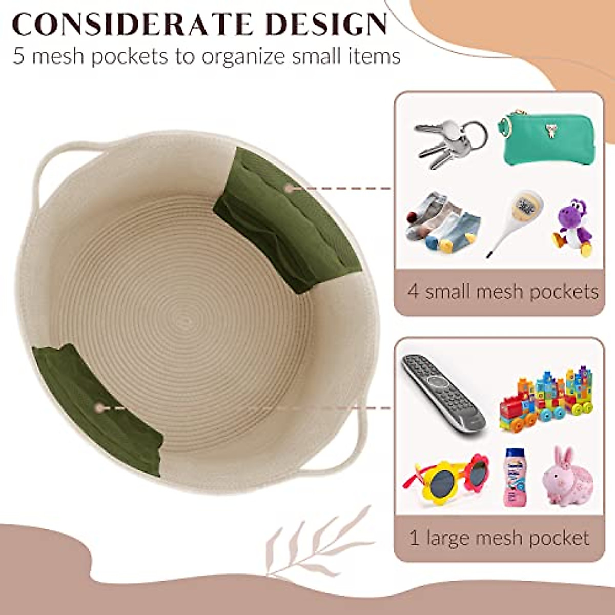 Maliton Extra Large Blanket Basket, Woven Cotton Rope Basket for Toys Towels, Pillow Basket with Handles, Nursery Laundry Basket with Storage Pockets, 20" x 13" Large Rope Baskets for Storage - White