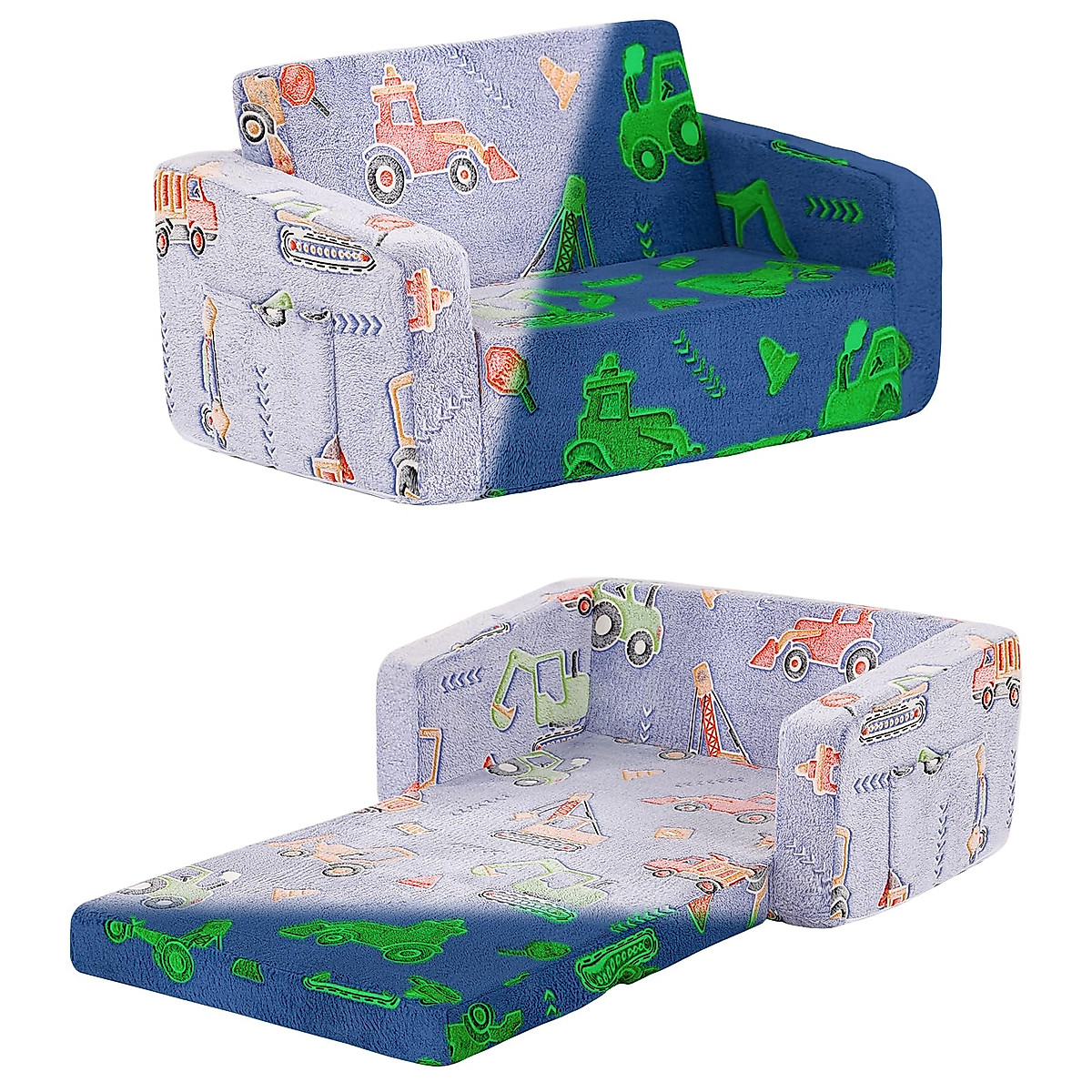 Tiita Kids Sofa Chair, 2 in 1 Toddler Fold Out Couch, Comfy Kids Sofa for Playroom-Extra Soft 2 Seats, Glow in The Dark Children Couch to Lounger for Girls Boys, Vehicles