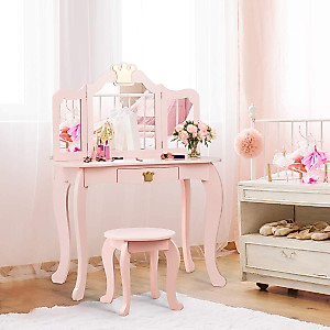 MAT EXPERT Kids Vanity Table & Stool, Princess Makeup Dresser w/Removable Tri-Folding Crown Mirror, 2 in 1 Wooden Kids Girl Vanity w/Drawer, Princess Pretend Play Makeup Dresser Gift (Pink)