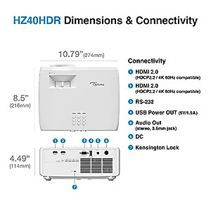 Optoma HZ40HDR Compact Long Throw Laser Home Theater and Gaming Projector, 1080p HD with 4K HDR Input, High Bright 4,000 Lumens